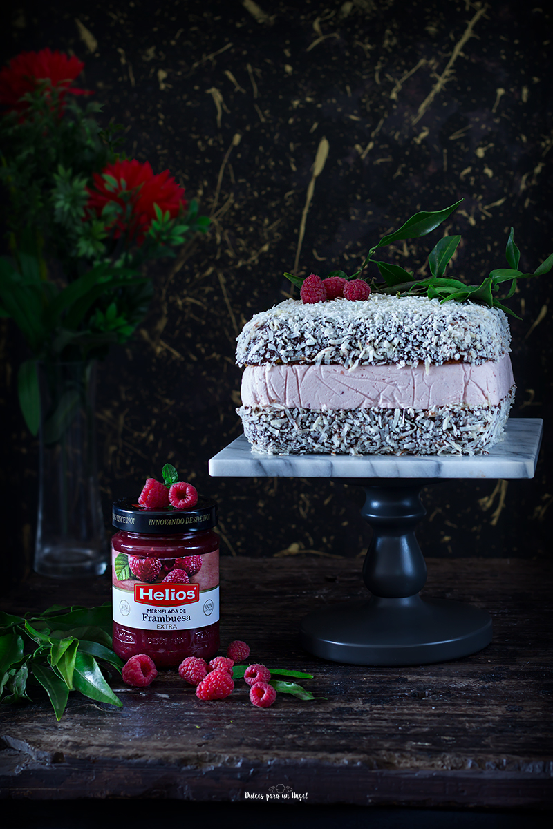 Lamington cheesecake de frambuesa – Dulces para un ángel